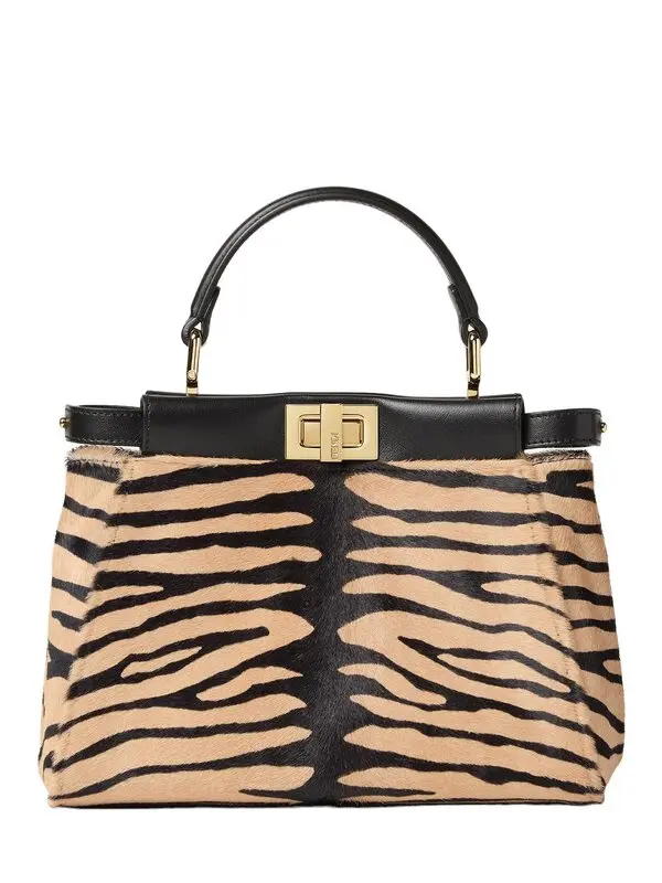Fendi Peekaboo Mini Bag In Pony-effect Calfskin With Tiger Print - Brown