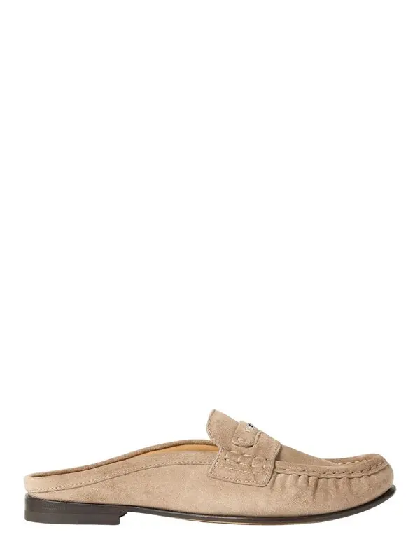Fendi Suede Moccasin Sabots With Metal Logo Detailing - Beige