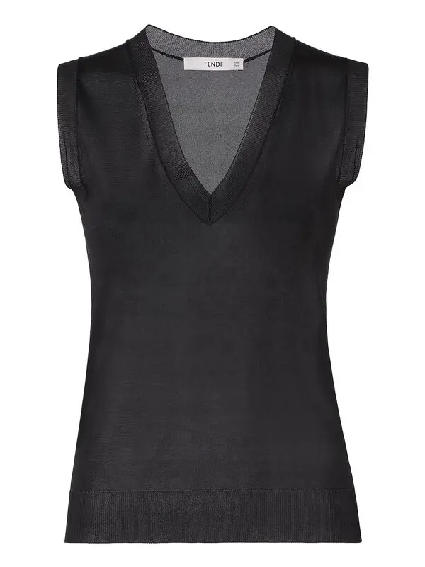 Fendi V-neck Sleeveless Silk Organza Top - Black