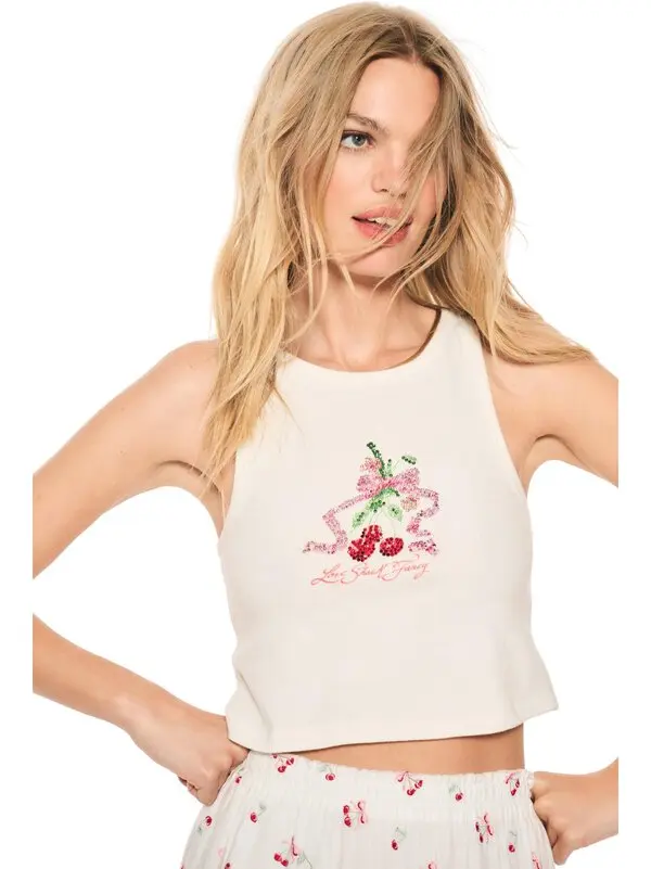LoveShackFancy Kaleen Cherry Rhinestone Tank Top - White