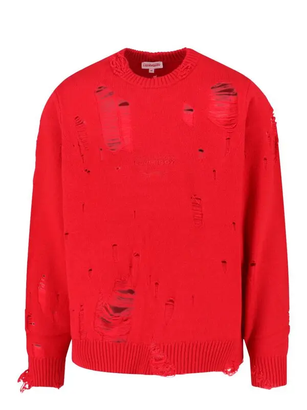 CHARLES JEFFREY Distressed Lambswool Blend Crewneck Sweater - Red