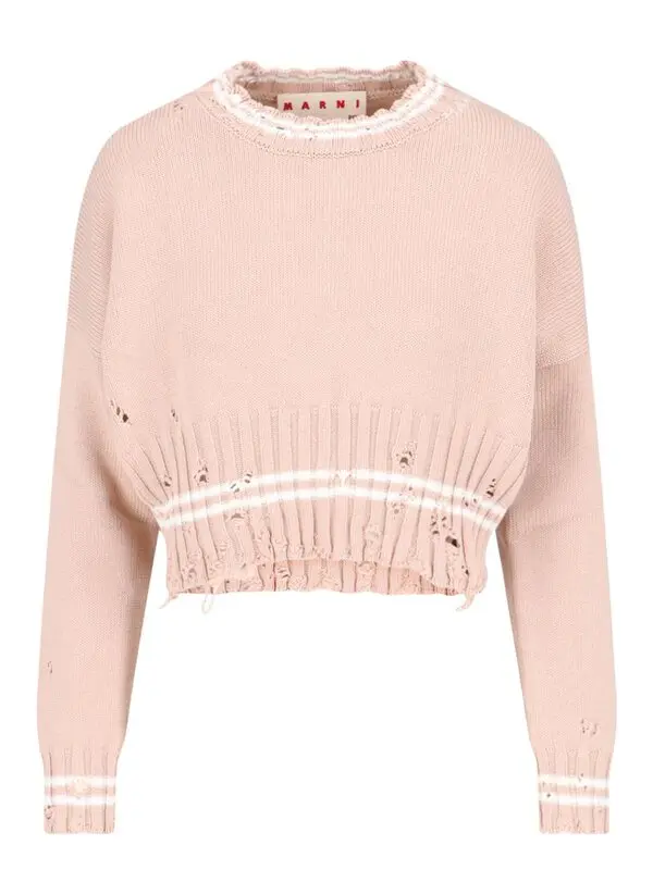 Marni Ribbed Distressed Cotton Sweater With Contrast Trim - Pink