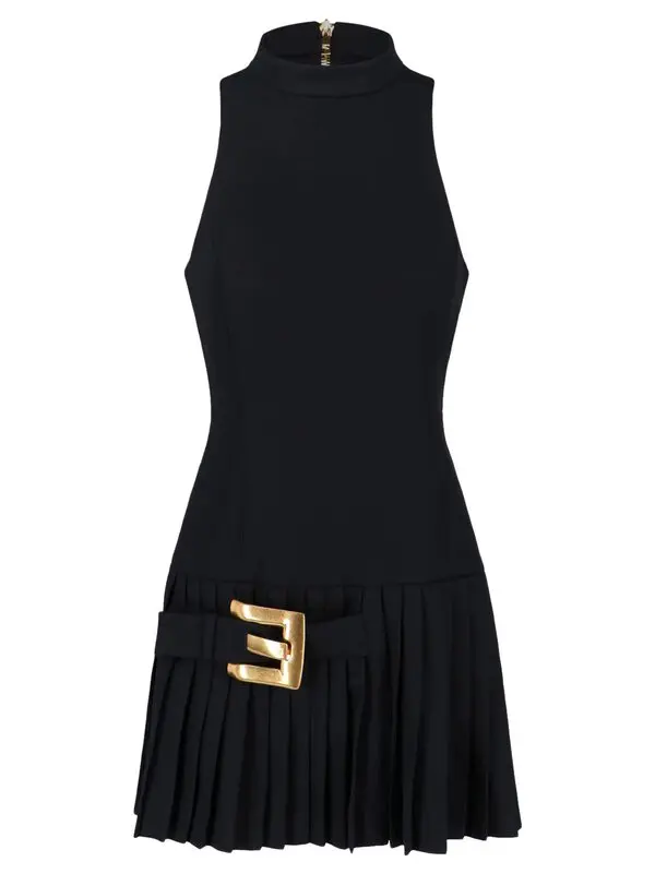 Balmain Virgin Wool Dress With Pleated Skirt And Buckle Detail - Black