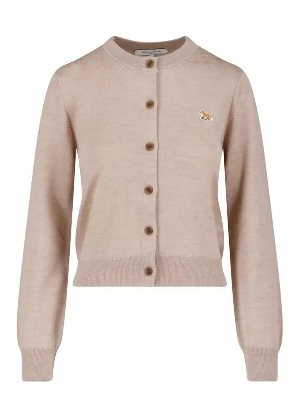 Maison Kitsuné 100% Wool Cardigan With Fox Applique - Beige