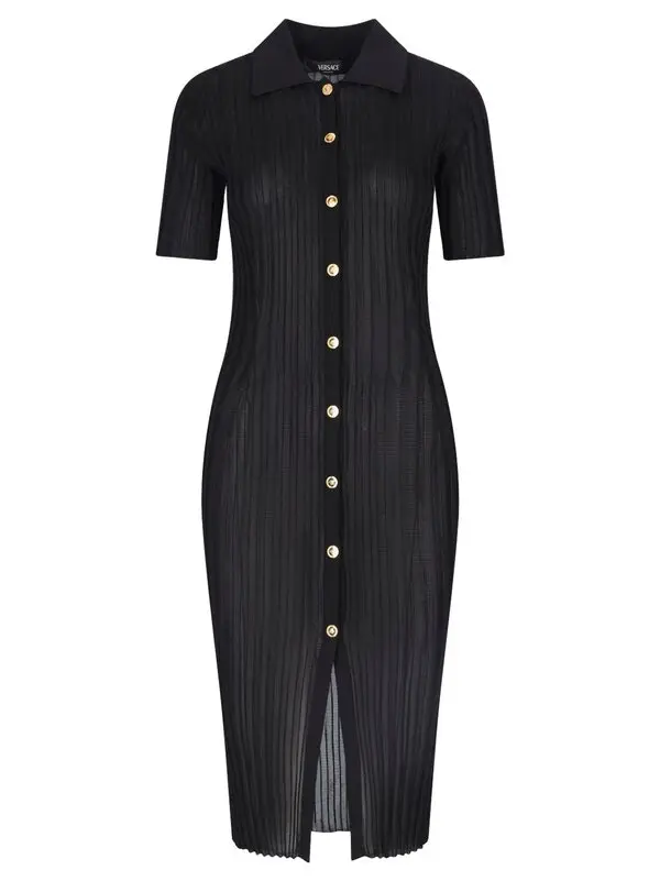 Versace Button-up Ribbed Midi Dress With Sculpted Trim - Black