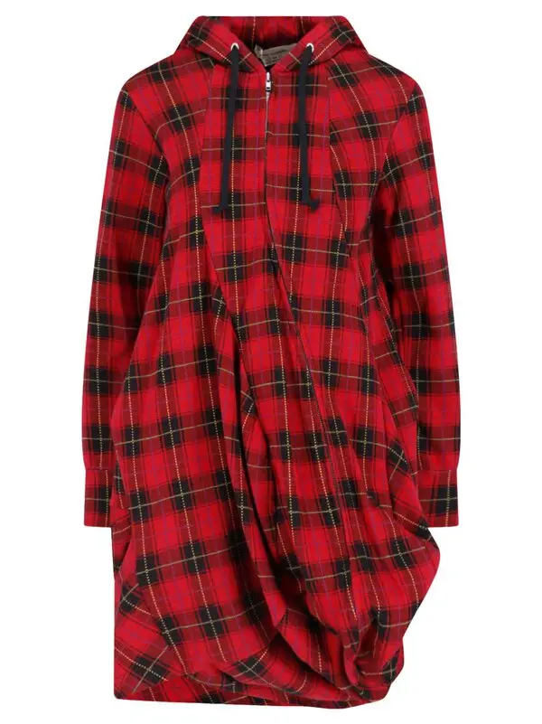 Comme Des Garçons Hooded Plaid Cotton Dress - Red