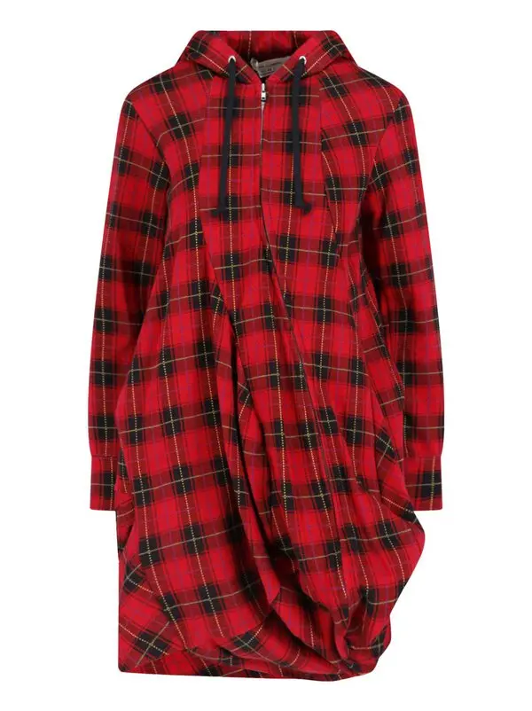 Comme Des Garçons Plaid Hooded Long Sleeve Dress - Red