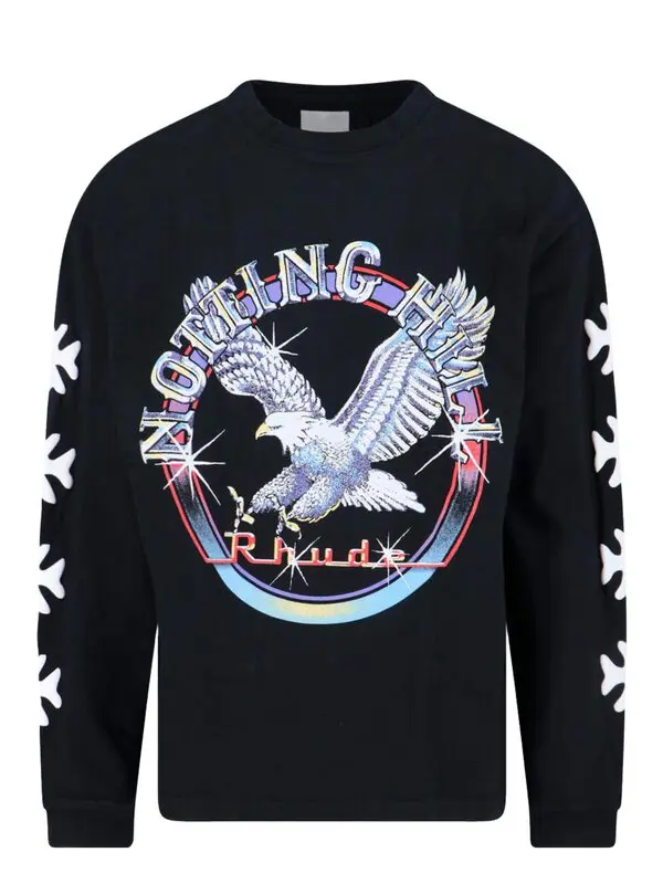 Rhude Long-sleeved Graphic T-shirt With Ribbed Neck And Cuffs - Black