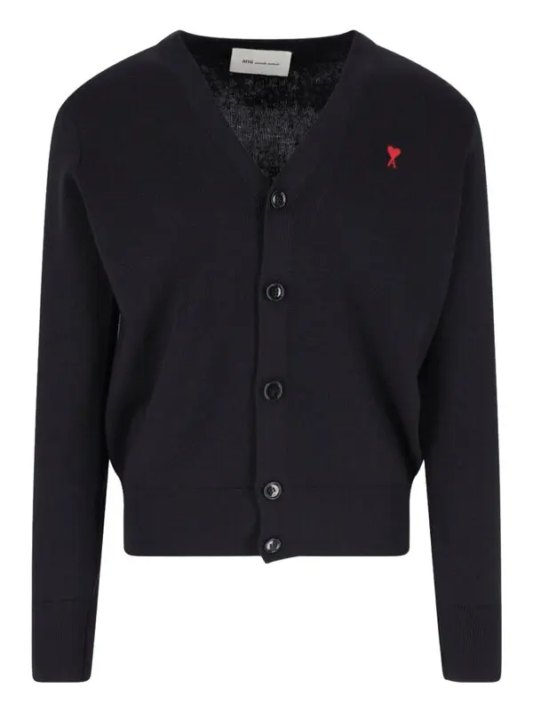 AMI Paris Embroidered 100% Wool Cardigan With Horn Buttons - Black