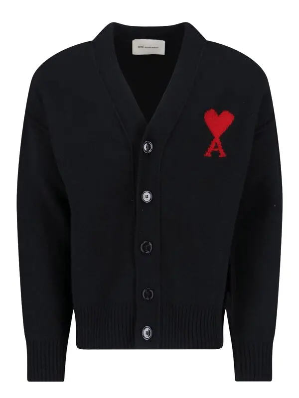 AMI Paris 100% Wool Cardigan With Horn Buttons - Black