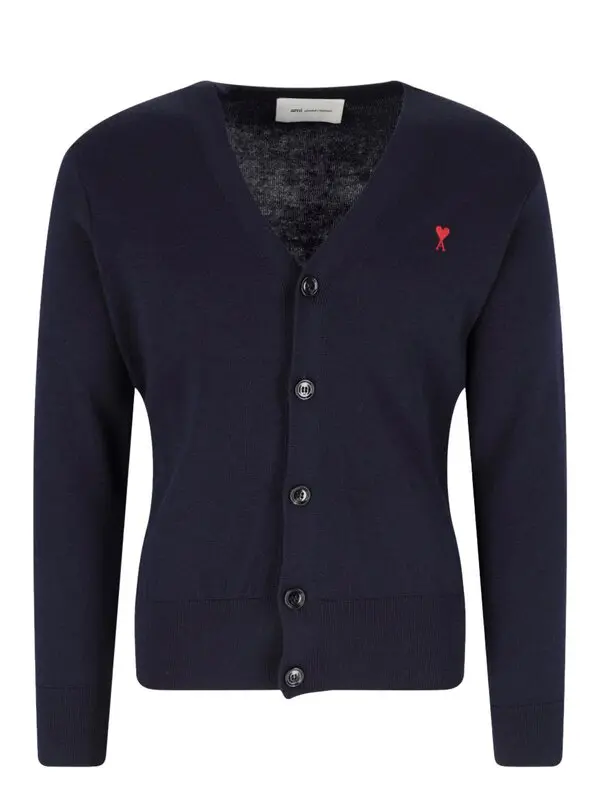 AMI Paris 100% Wool Buttoned Cardigan With Horn Buttons - Blue