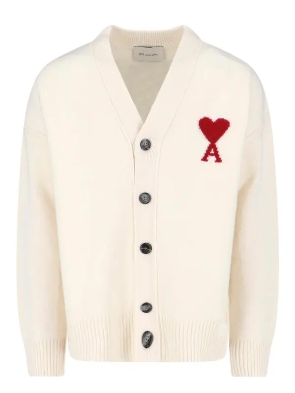 AMI Paris 100% Wool Cardigan With Horn Buttons - Cream
