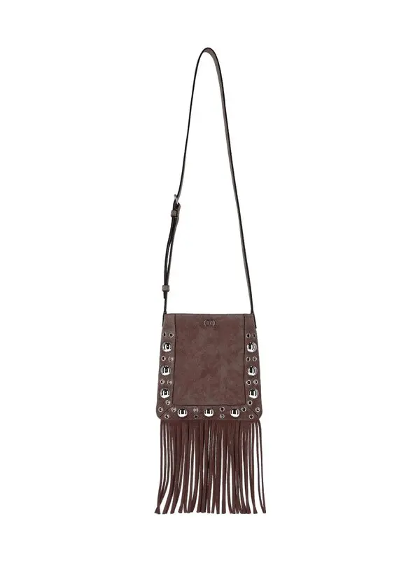 Valentino Garavani Calf Leather Shoulder Bag With Fringe And Studs - Brown