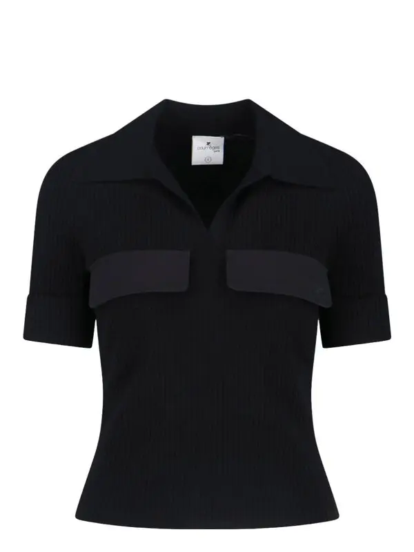 COURREGES Ribbed Knit Polo T-shirt With Pocket Detail - Black