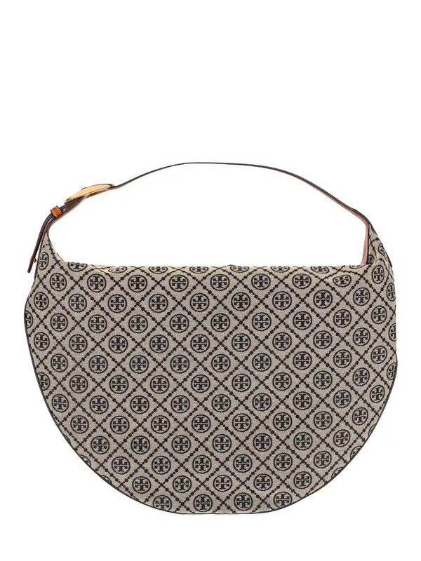 Tory Burch Monogrammed Textured Fabric Crossbody Bag With Leather Trim - Blue