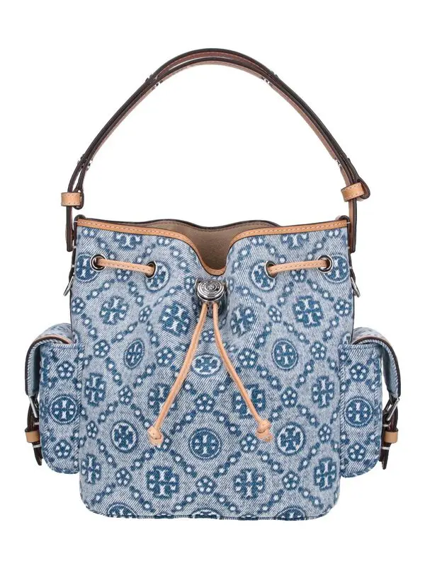 Tory Burch Monogrammed Cotton-blend Drawstring Bucket Bag With Leather Trim - Blue