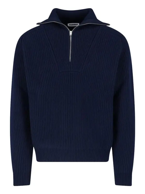 JIL SANDER Ribbed Quarter-zip Wool Pullover - Blue