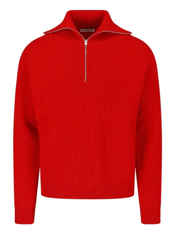 JIL SANDER Ribbed Quarter-zip Wool Pullover - Red