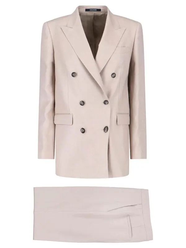 Tagliatore Linen Double-breasted Blazer And Skirt Set - Grey