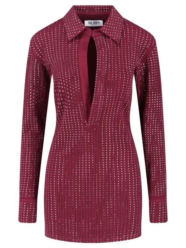 Attico Long Sleeve Studded Plunge Mini Dress - Red