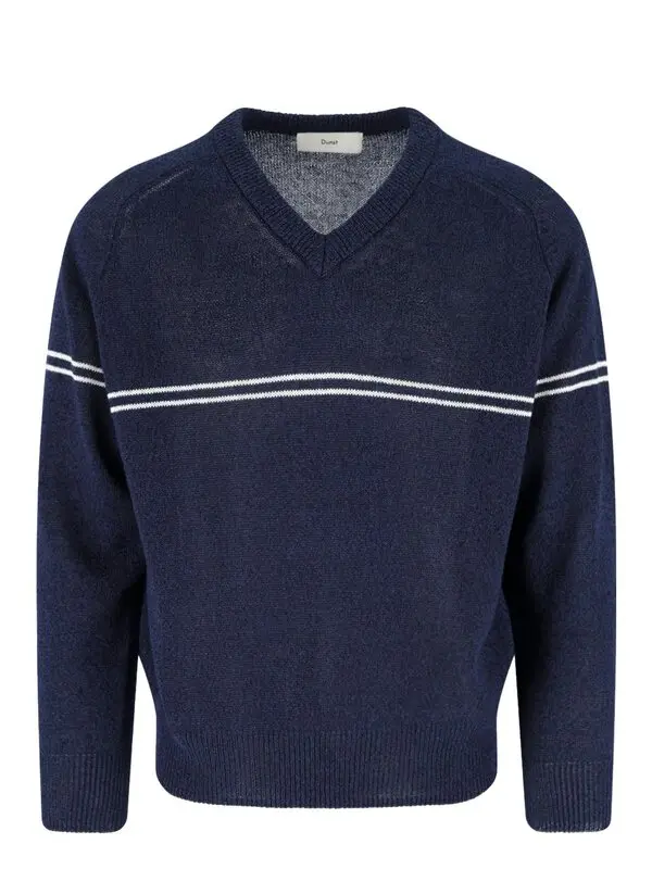 DUNST Cotton Paper Blend V-neck Sweater With Striped Detailing - Blue