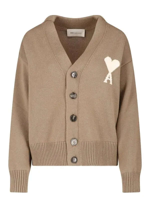 AMI Paris Wool-cotton Button-front Sweater With Embroidered Heart Logo - Beige