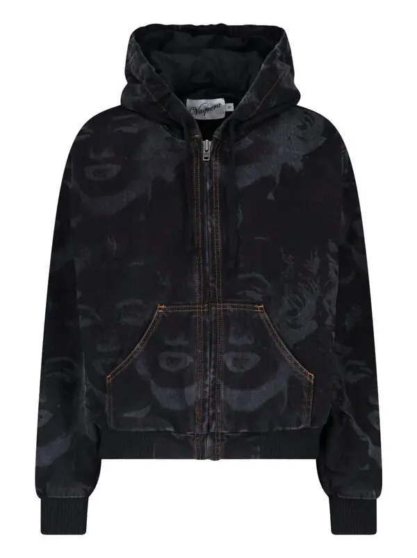Vaquera 100% Cotton Oversized Printed Zip-up Jacket - Black