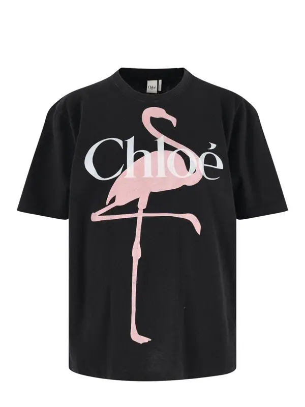 Chloé 100% Cotton Essential T-shirt With Flamingo Graphic - Black