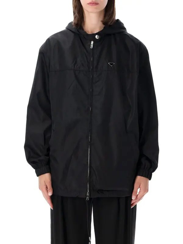 Prada Re-nylon Mini Hooded Blouson Jacket With Enameled Triangle Logo - Nero