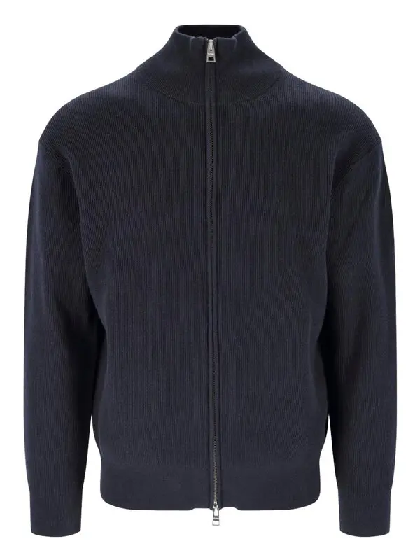 Closed Ribbed Knit Zip-up Mock Neck Sweater - Blue