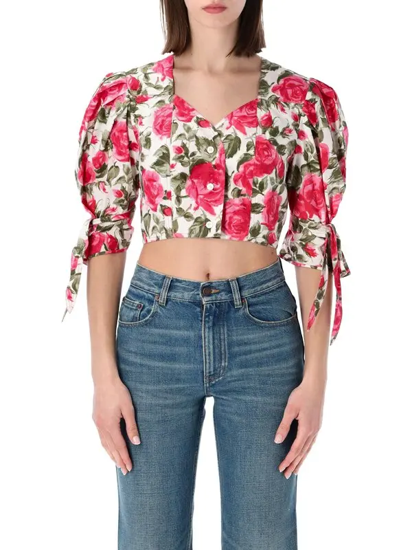 Chloé Puff Sleeve V-neck Cropped Cotton Poplin Top With Floral Print - Pink