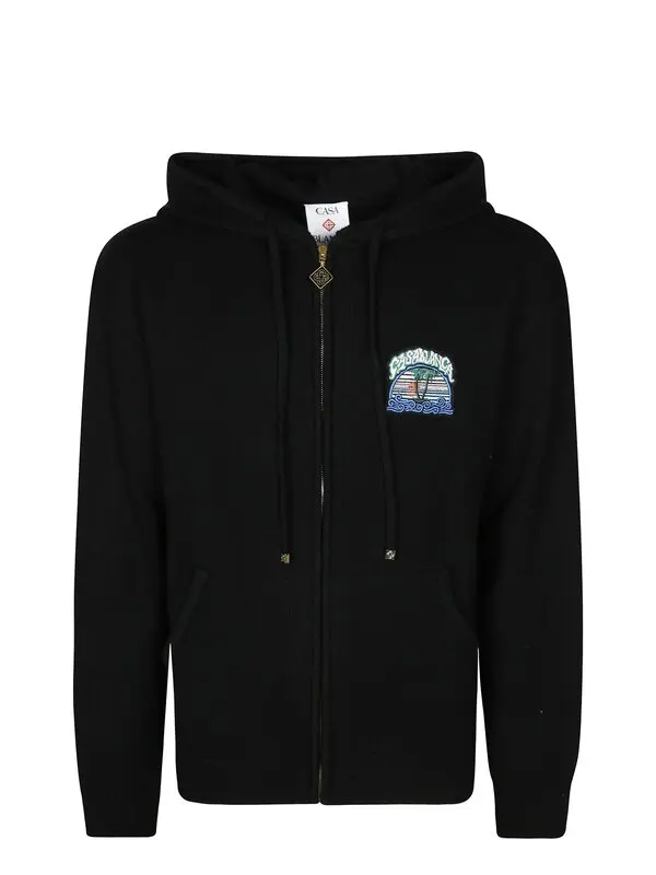 Casablanca 100% Wool Zip-up Sweatshirt With Embroidered Detail - Nero