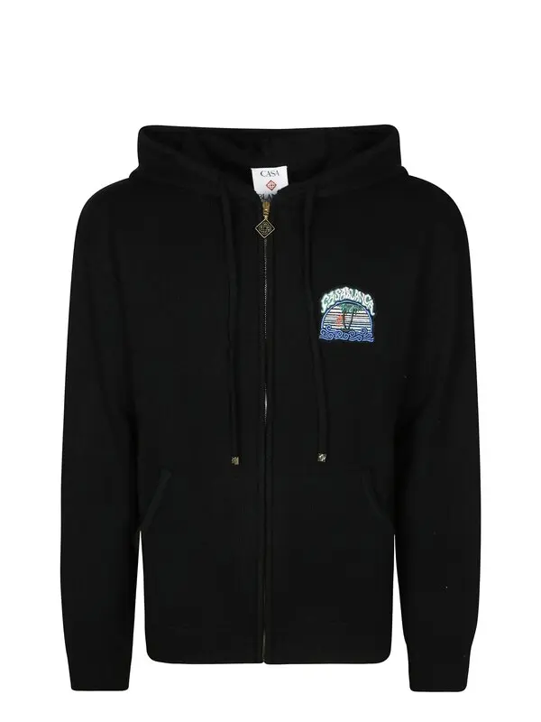 Casablanca 100% Wool Zip-up Sweatshirt With Embroidered Detail - Nero