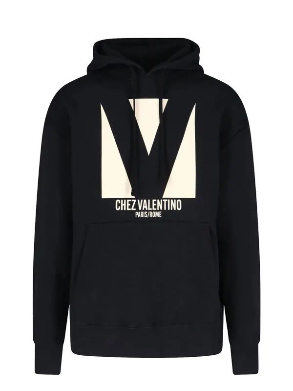 Valentino Garavani Cotton Drawstring Hood Chez Print Hoodie - Black