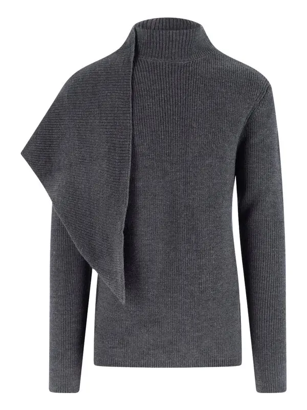 ENTIRE STUDIOS Ribbed Merino Wool Mock Neck Sweater With Asymmetrical Drape - Grey