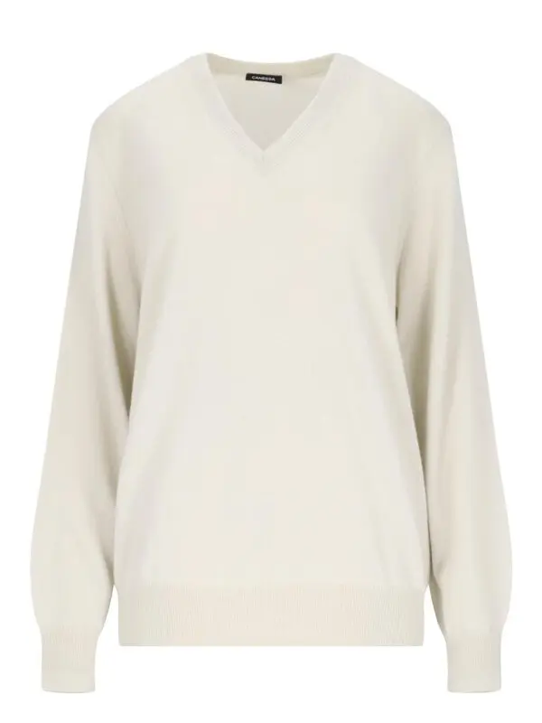 CANESSA Lightweight 100% Cashmere V-neck Sweater - White