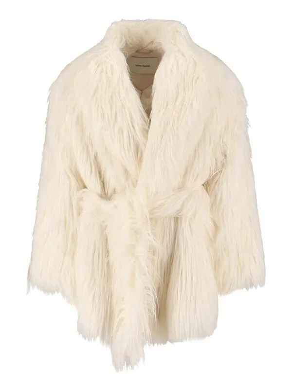 ENTIRE STUDIOS Cream Faux Fur Belted Jacket - White