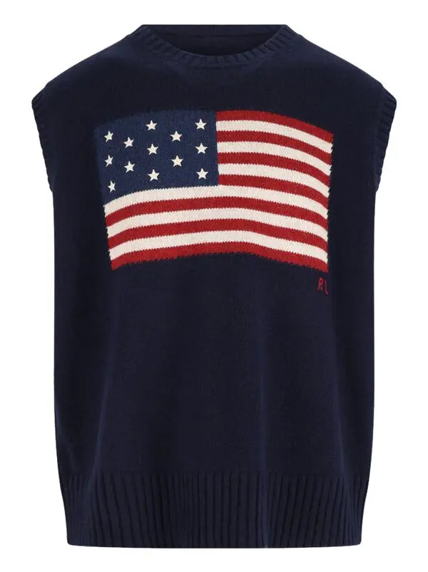 Polo Ralph Lauren Sleeveless Crewneck Sweater With American Flag Motif - Blue