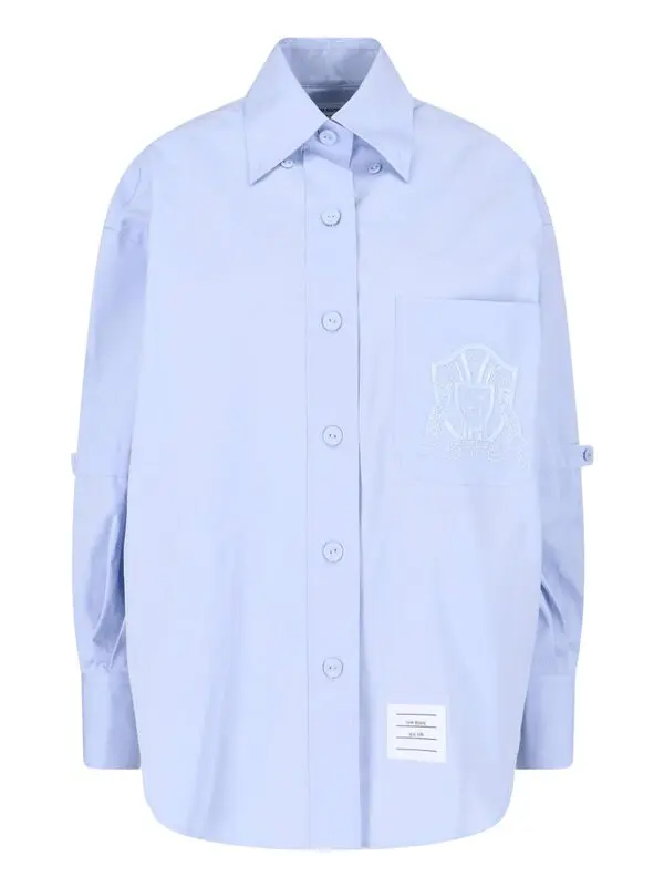 Thom Browne 100% Cotton Classic Collar Button-up Shirt With Embroidered Pocket - Blue