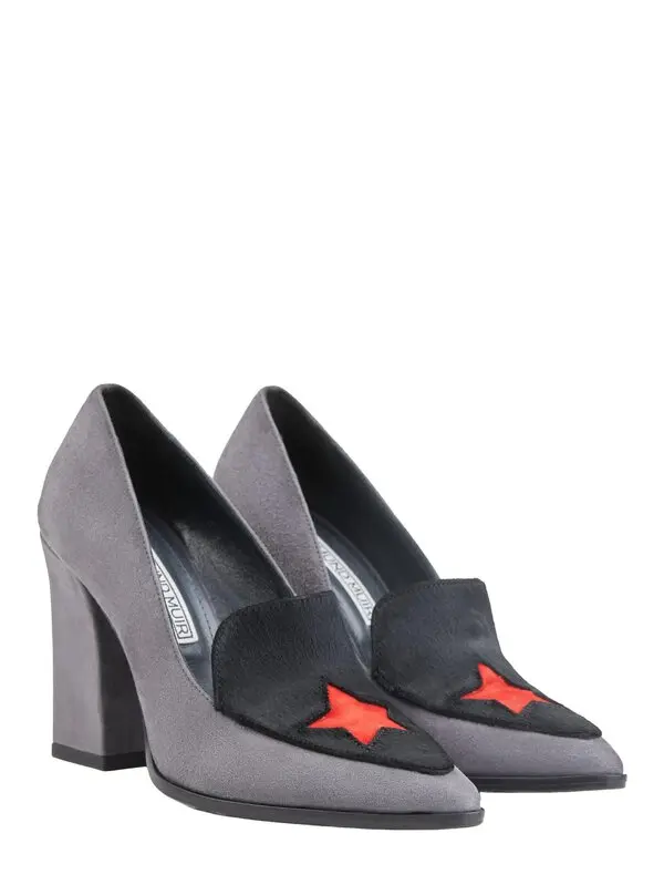 ROSAMUND MUIR LONDON Red / Grey / Black Maria Grey Suede & Black Calf Hair With Red Star Loafers - Red/grey/black