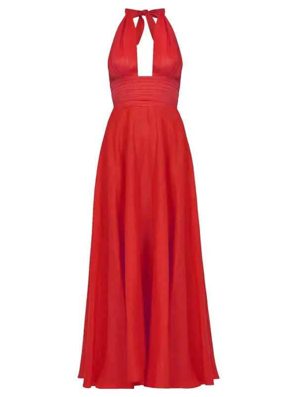 AVENUE 8 Linen Draped Maxi Dress With Deep V Neckline And Open Back - Red