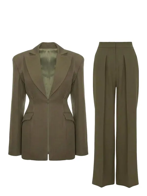 BLUZAT Tailored Balloon Blazer And Wide Leg Trouser Suit - Green