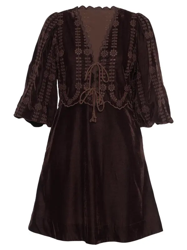 ROSE & NANCY Drew Chocolate Embroidered Velvet Tie Front Dress - Brown