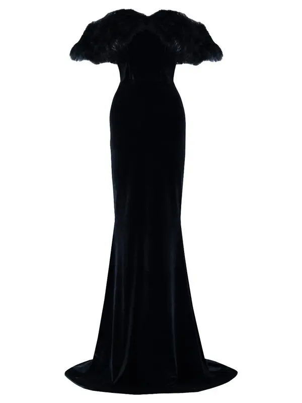 VESTIAIRE D'UN OISEAU LIBRE Off-the-shoulder Velvet Gown With Shearling Stole - Black
