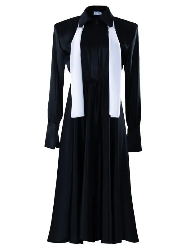 VESTIAIRE D'UN OISEAU LIBRE Midi Shirt Dress With Contrasting Scarf And Metallic Ring Detail - Black