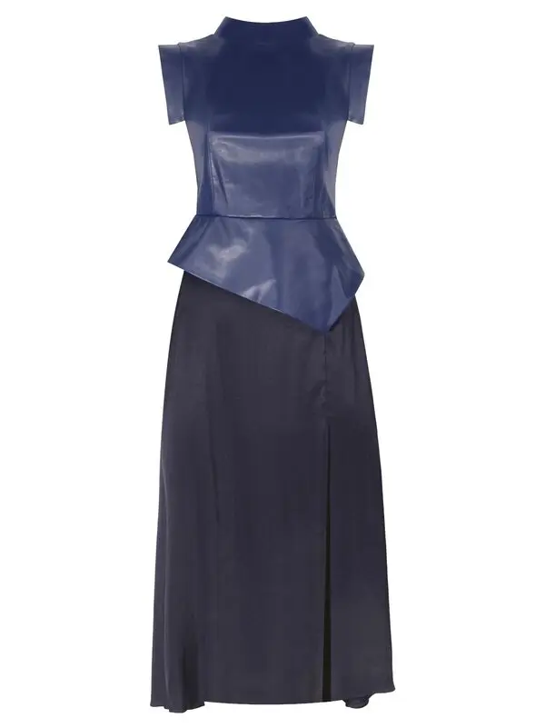 MIRIMALIST Navy Midi Dress With Vegan Leather Top And Satin Skirt - Blue
