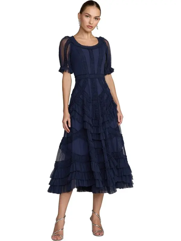 Mac Duggal Petite Short Sleeve Micro Ruffle Midi Dress - Navy