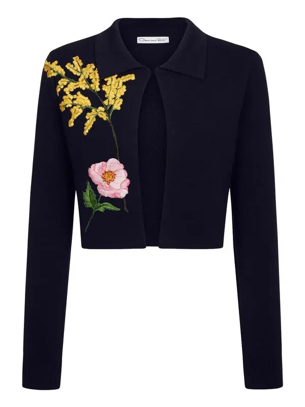 Oscar De La Renta Cropped Embroidered Jacket - Navy