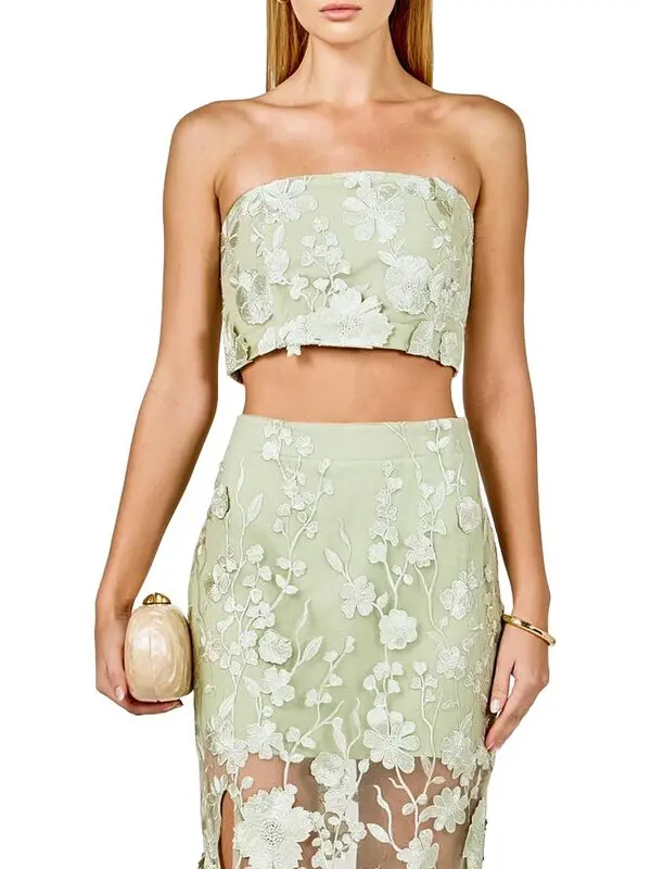 Endless Rose Floral Embroidered Strapless Cropped Top - Sage