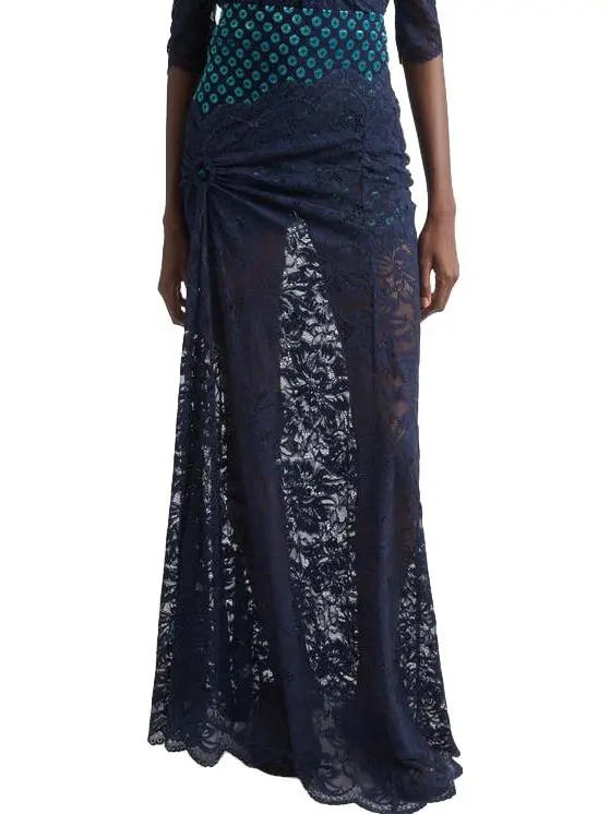 Rabanne Embroidered Ruched Stretch Lace Maxi Skirt - Deep Navy